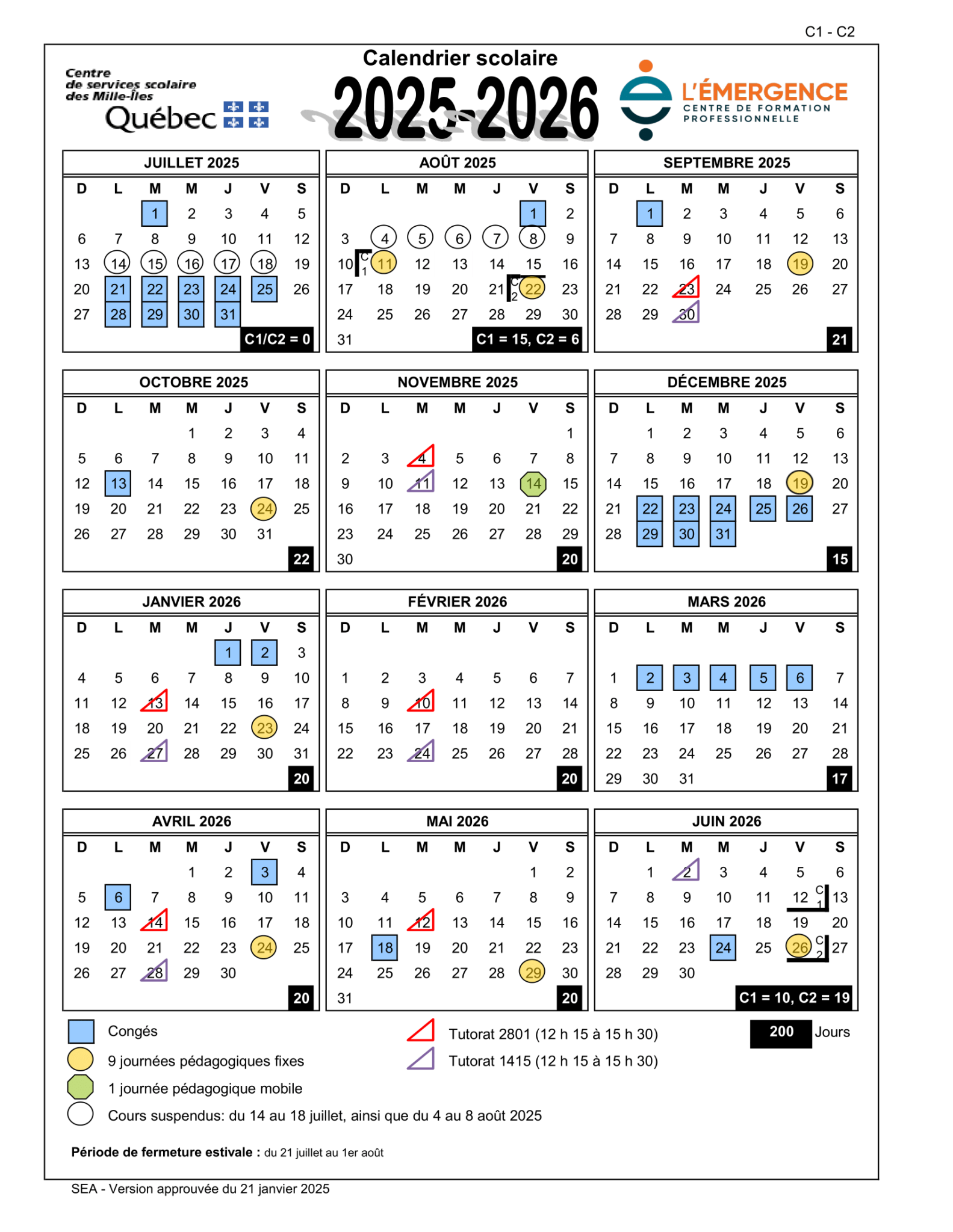 Calendrier scolaire 2025-2026 - Centre de formation professionnelle, L'Émergence