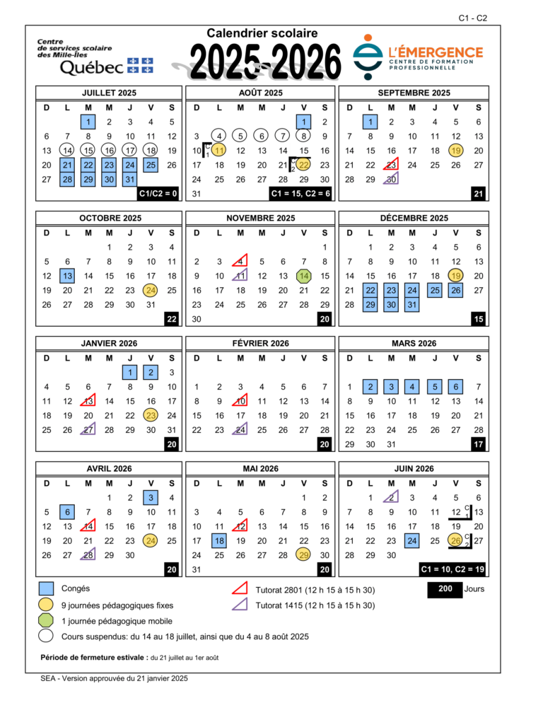 Calendrier scolaire 2025-2026 - Centre de formation professionnelle, L ...